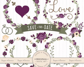 Emma Floral Heart Clipart & Vectors in Navy and Blush navy