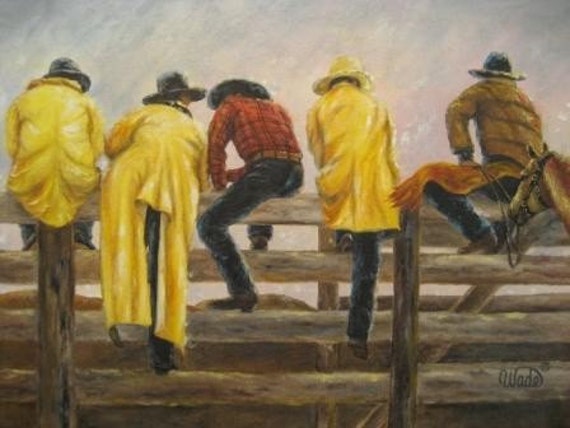 Cowboys Art Print cowboy paintings five cowboys on fence