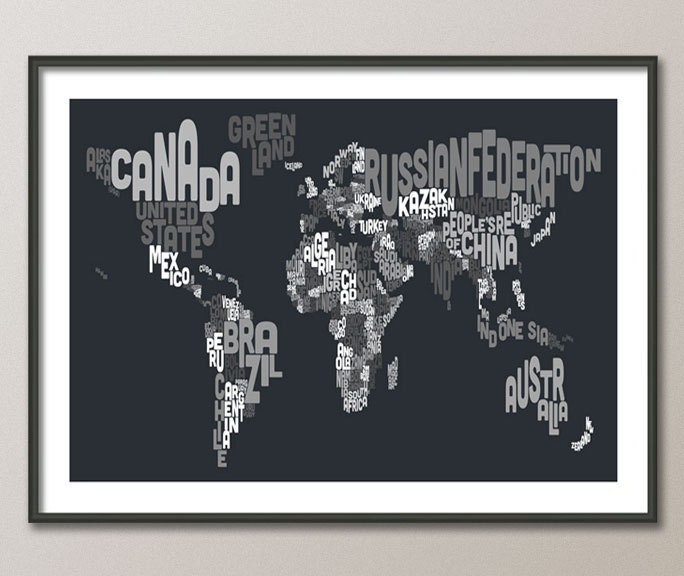 Typographic Text Map of the World Map Art Print 890