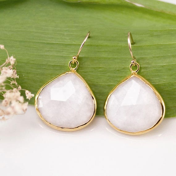 White Agate Gemstone Drop Earrings White Stone Earrings Gold