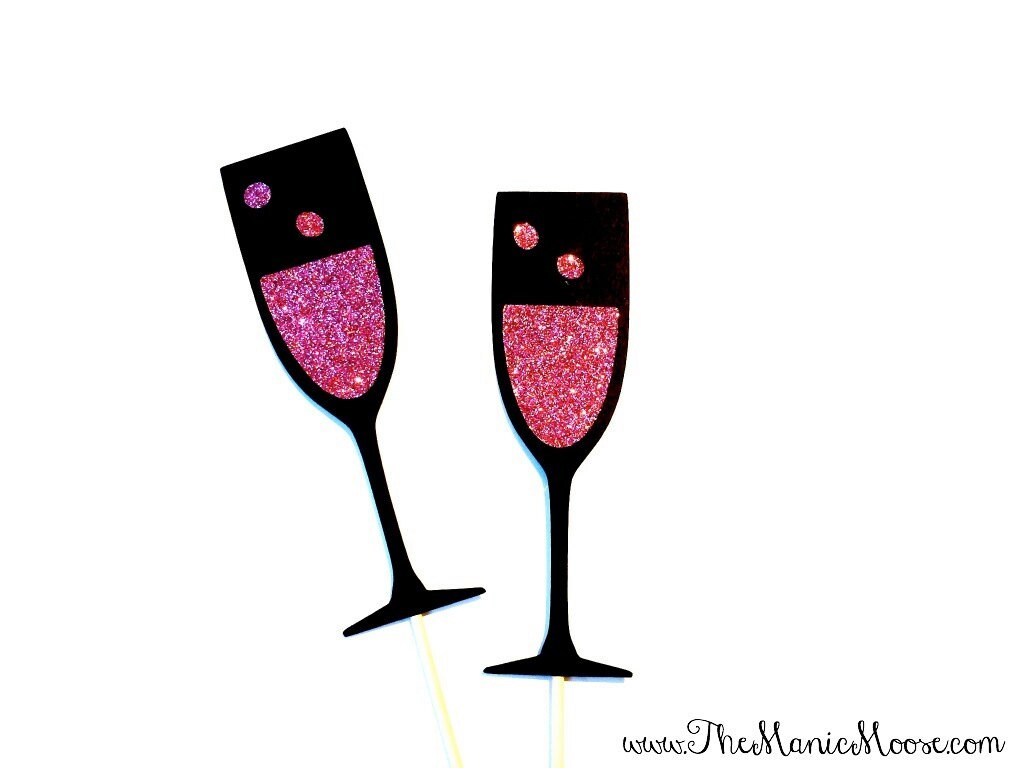 Photo Booth Props Set of 2 Pink Champagne Glasses GLITTER
