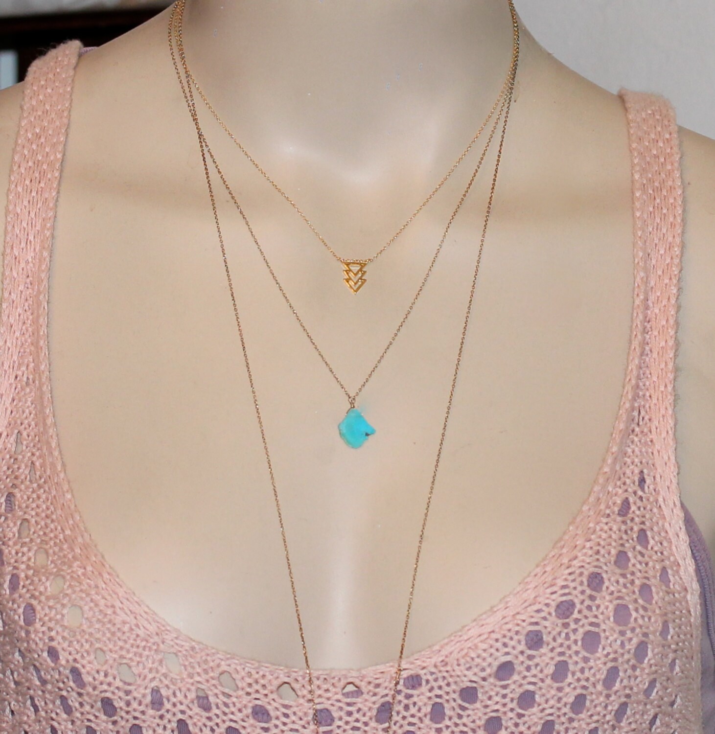 Triangle necklace - geometric necklace - chevron necklace - three ...