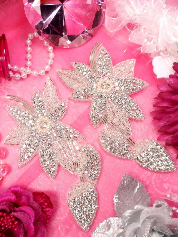 XR146 Floral Mirror Pair Silver Beaded Crystal Rhinestone