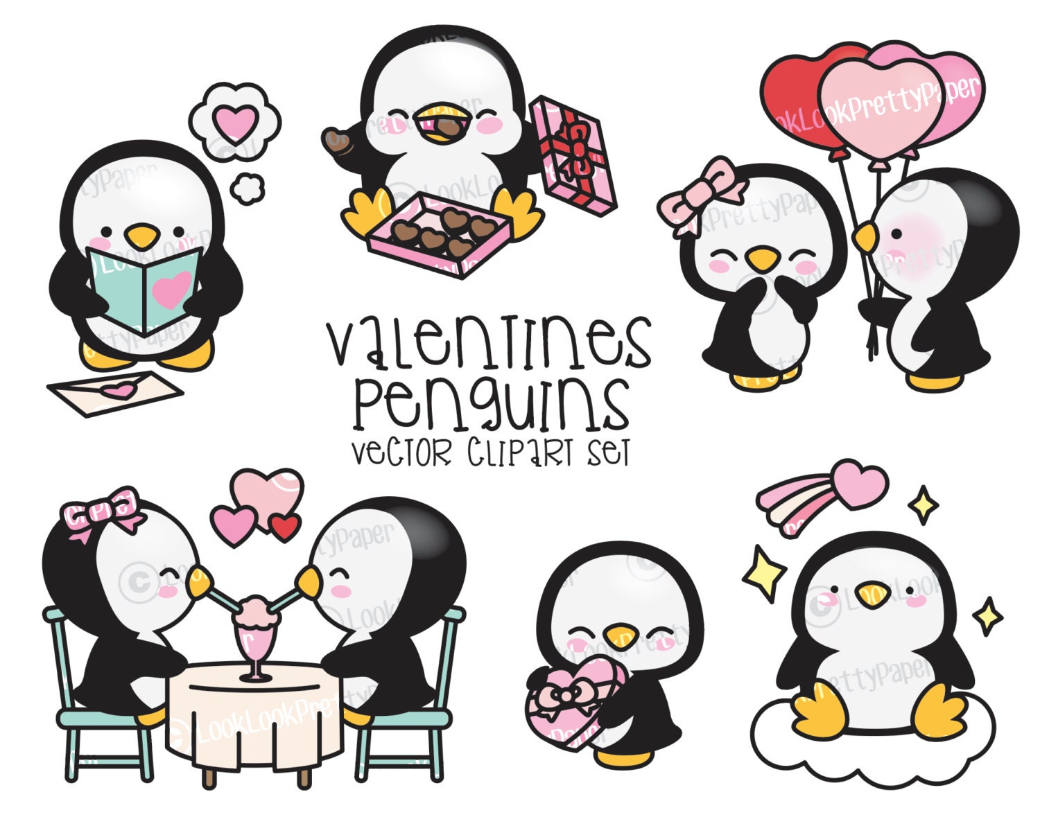 Premium Vector Clipart Kawaii Valentines Penguins
