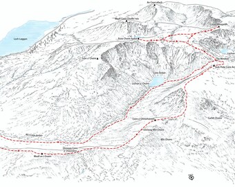 The Cuillin Ridge on the Isle of Skye. Line illustration