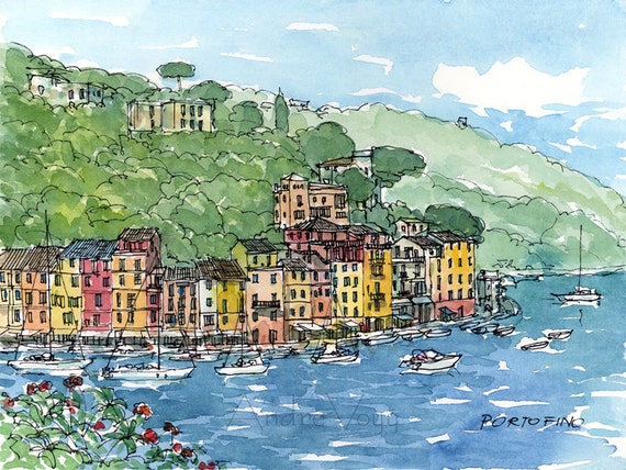 Portofino Italy art print from an original watercolor painting