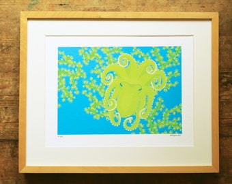 Yellow Octopus Print Cubism Octopus Print 8x10 Inch Print