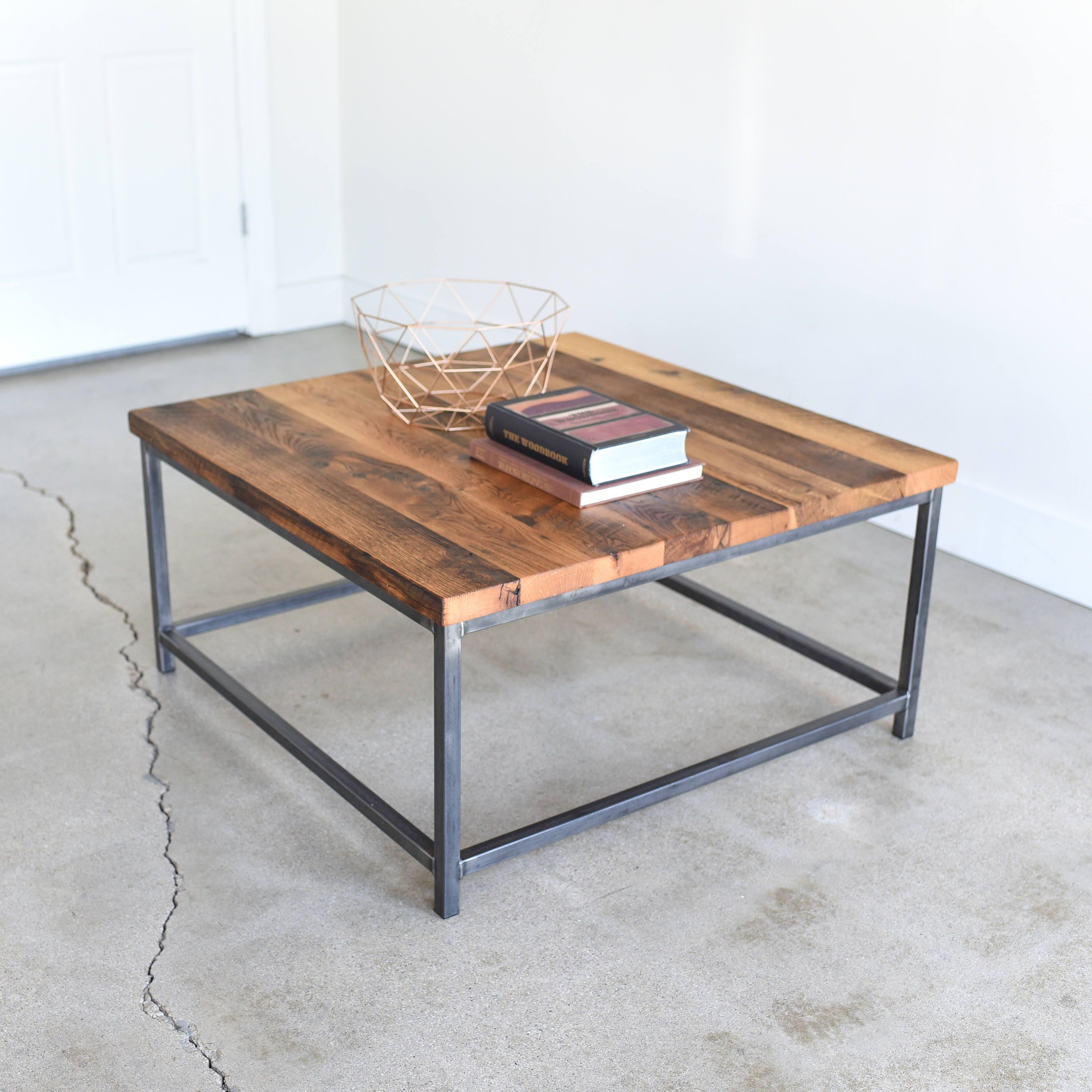Square Coffee Table / Rustic Reclaimed Wood and Steel Box