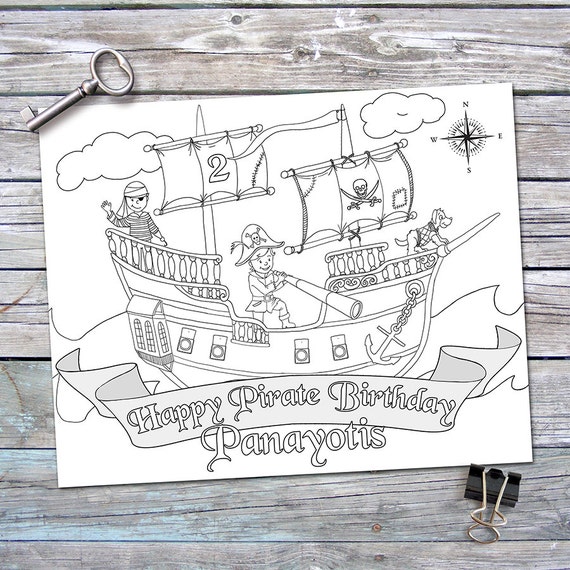 Pirate Party Happy Birthday Coloring Sheet Vintage