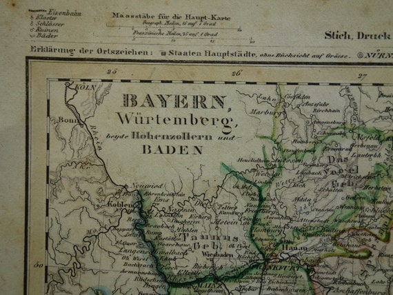 GERMANY old map of Bavaria 1849 original hand colored antique