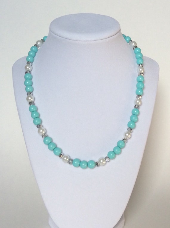 Items similar to Turquoise Pearl & Crystal Necklace, Pearl Necklace ...