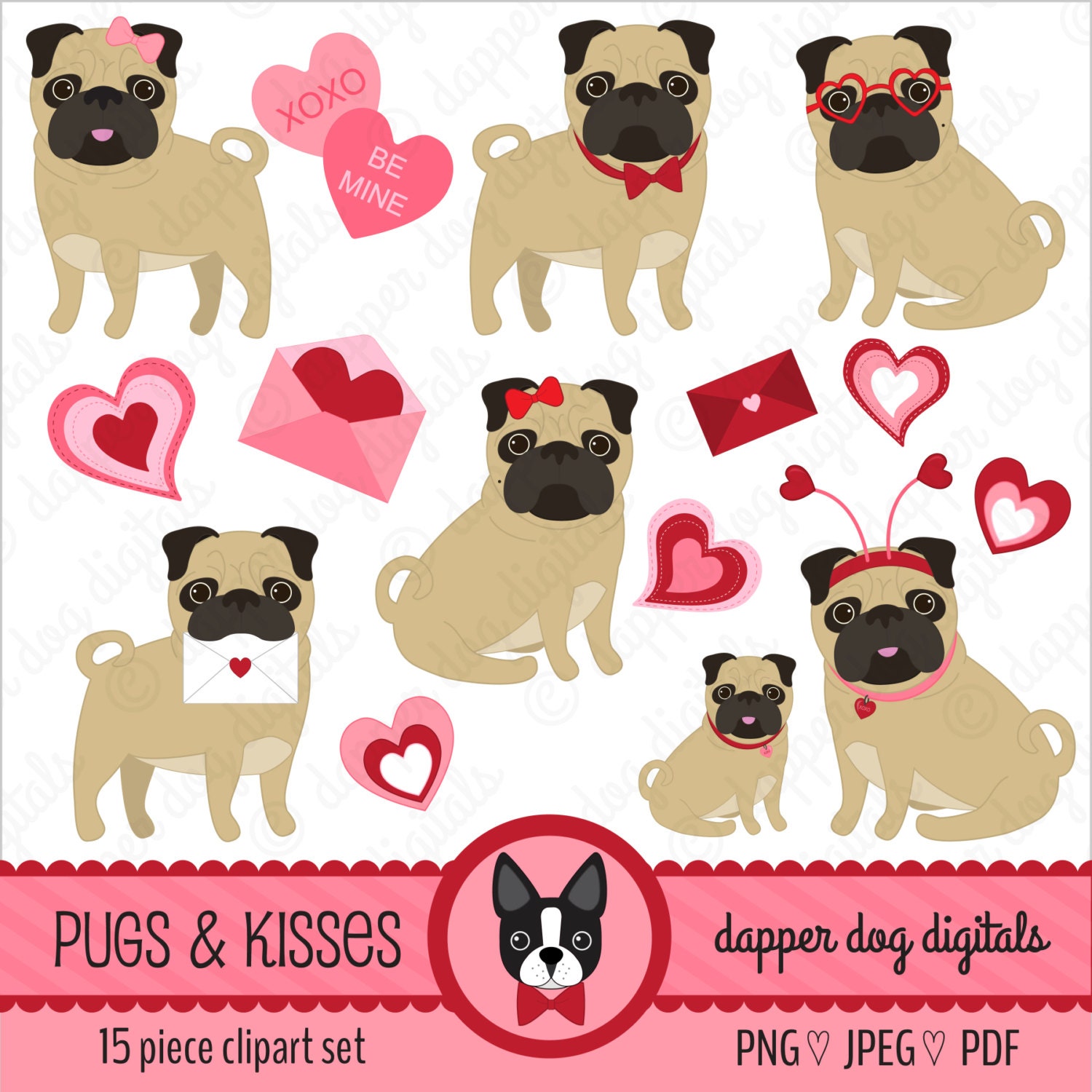 Pug Clipart Set Valentine's Commercial Use Vector