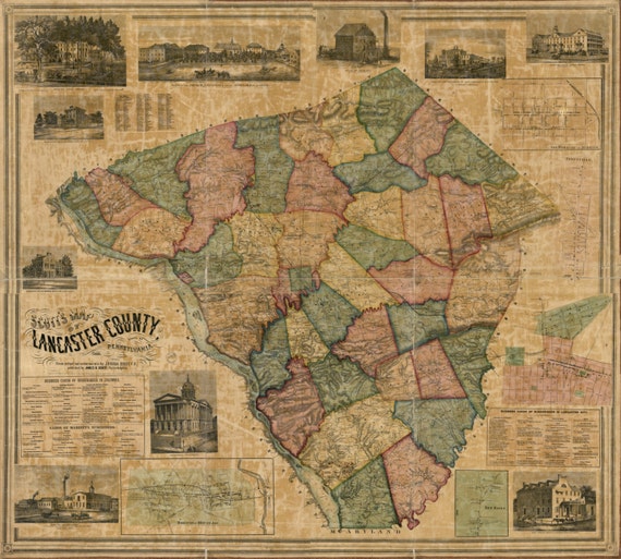 Lancaster County Pennsylvania 1858 Old Wall Map with