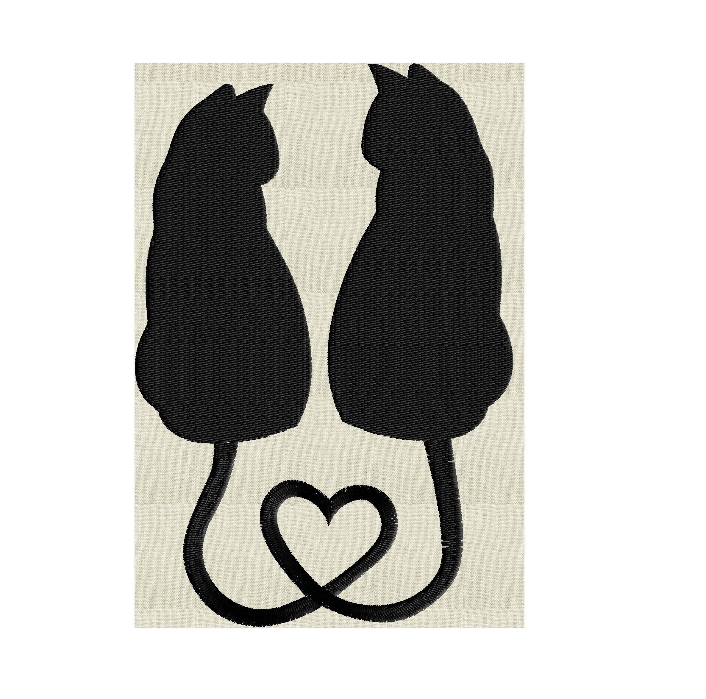 Cut Cats w Heart Tail Embroidery DESIGN FILE Instant
