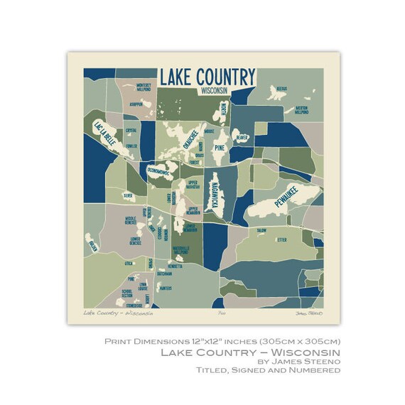 Lake Country Wisconsin Art Map Print Waukesha County by