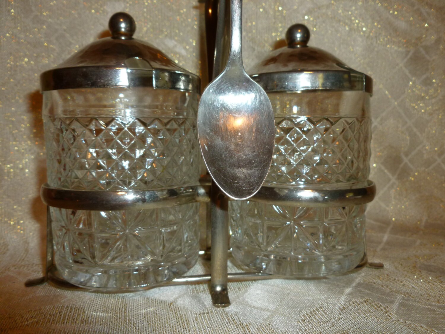 Condiment Jars With Silver Plate Lids Spoons And Caddy