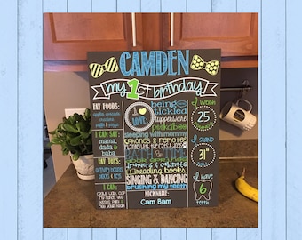 Chevron Blue First Birthday Chalkboard Poster Boy 1st