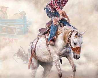 Saddle Bronc drawing of a rodeo cowboy riding a bronc at the