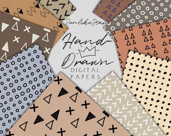 Hand Drawn Digital Papers. Mustard and Grey Doodle