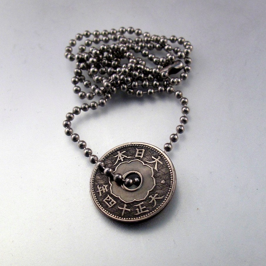 antique JAPANESE COIN JEWELRY necklace. pendant. sen. flower