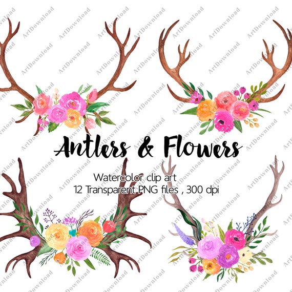 Antlers and Flowers Watercolor floral antlers Clip art