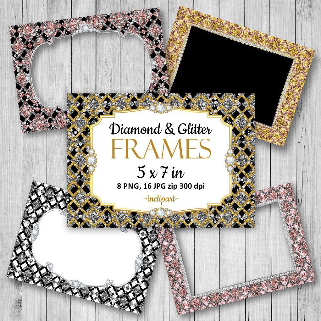 Frame clipart. Glitter diamond digital frames. Set of 24