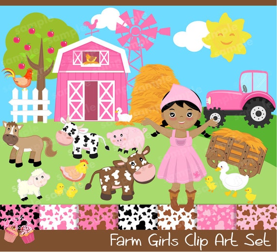 Farm Girls in Pink Clipart Set