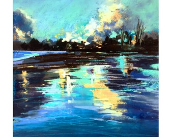 SUNSET LAKE original abstract large colorful 18 x 24 in. sky