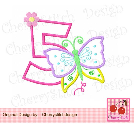 Butterfly number 5 Birthday Embroidery Applique 4x4 5x5