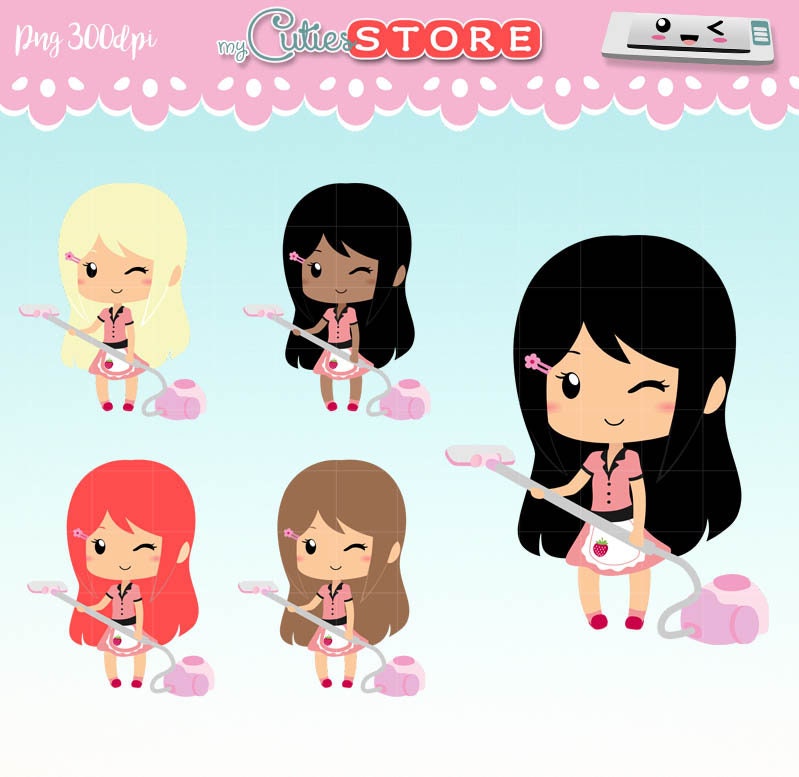 Chibi Vacuum Chores Clipart. Cute chibi characters cleaning