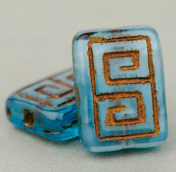 Greek Key Beads Czech Glass Beads Rectangle Beads Blue