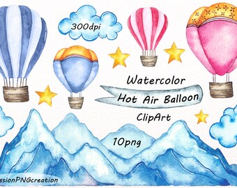 Watercolor hot air balloon pastel flowers roses anemone