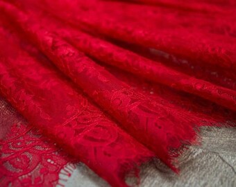 Red lace fabric | Etsy