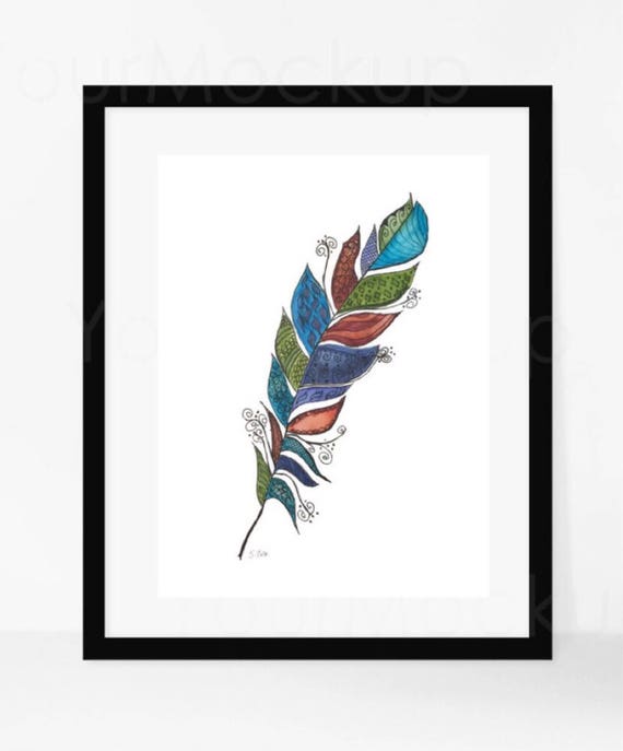 Watercolor Feather Print pen and ink Feather Art Zentangle