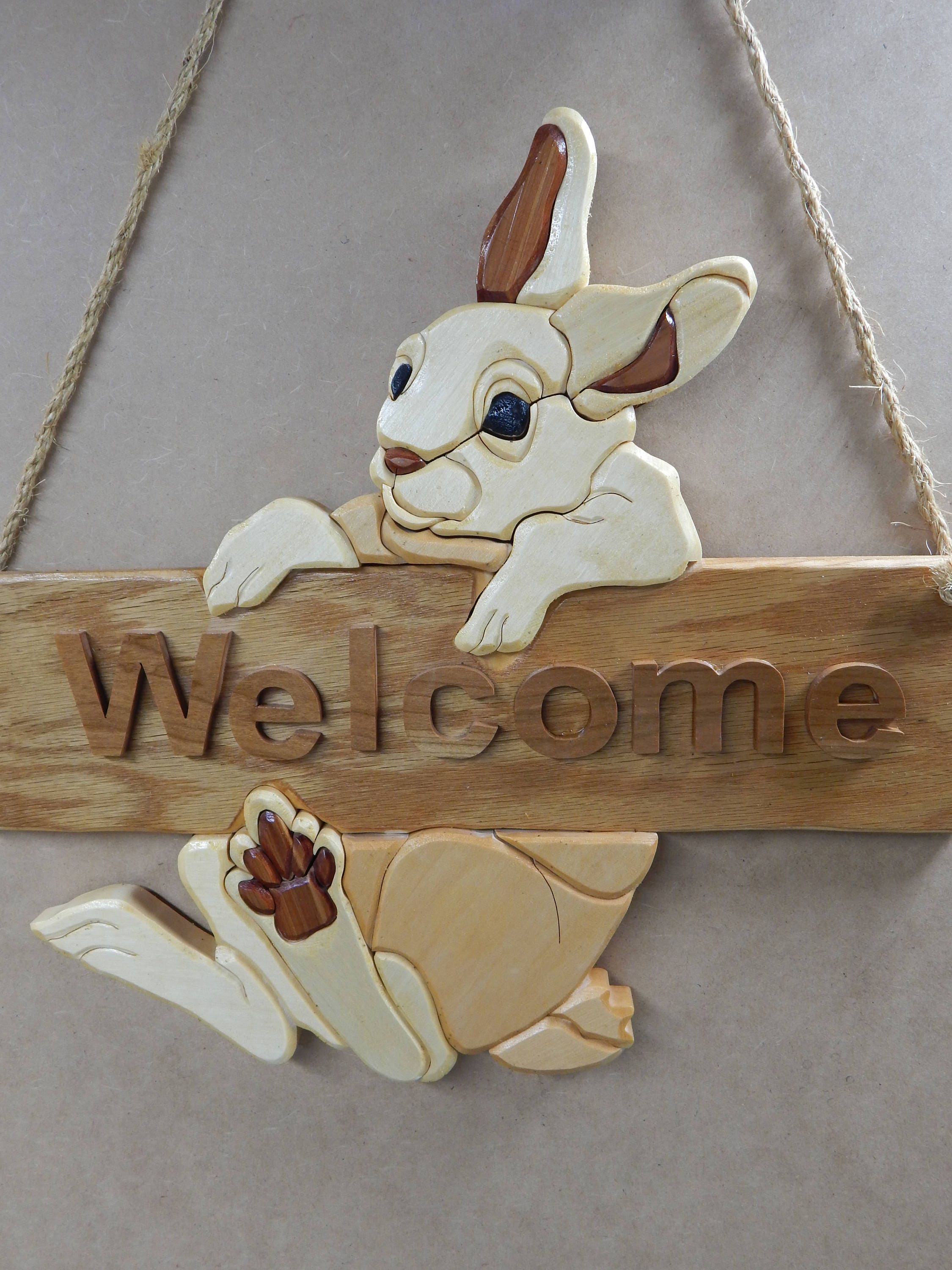 Bunny Rabbit Welcome Sign Wood Intarsia Handcrafted Wall