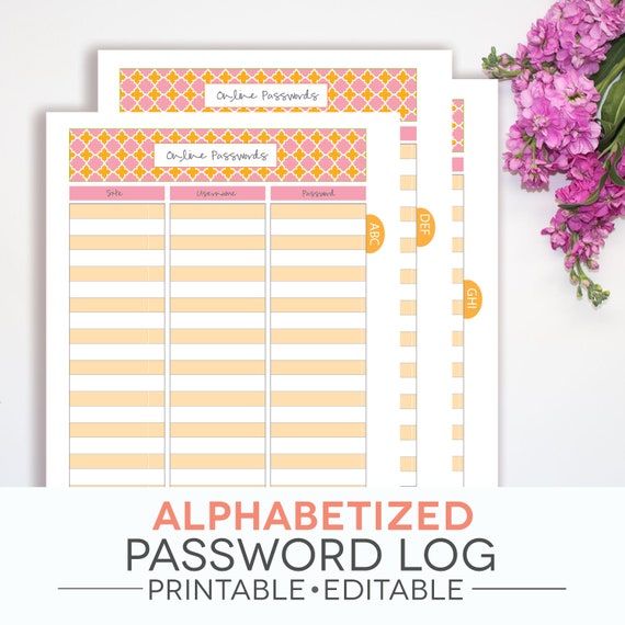 Password Keeper EDITABLE Printable 8 Alphabetical Pages