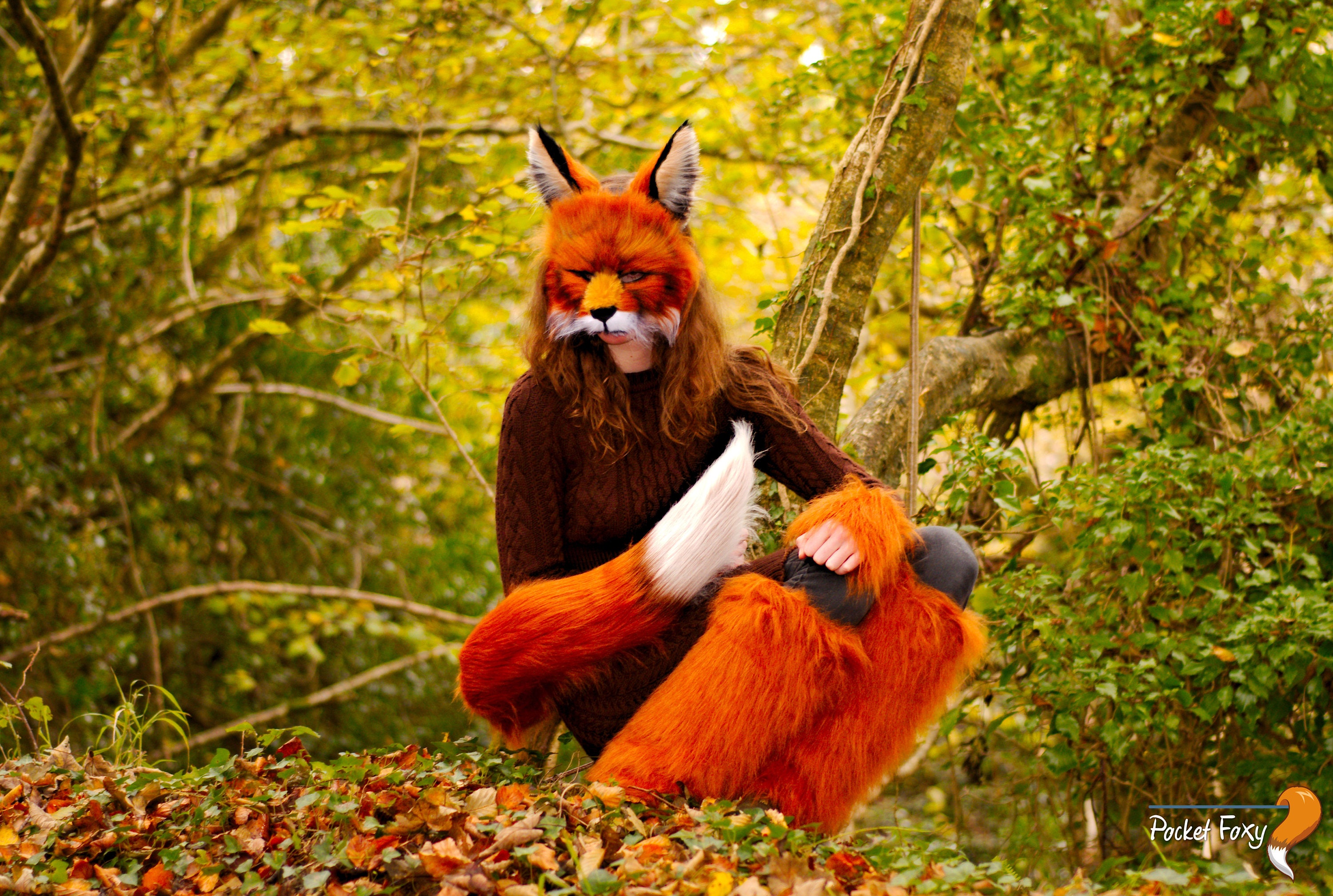 Realistic Fox Mask 5 Piece Combo Costume Set Fluffy Cuffs Leg