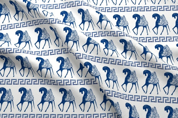 Blue Greek Horse Myths Fabric The Grecian Winged Horse By