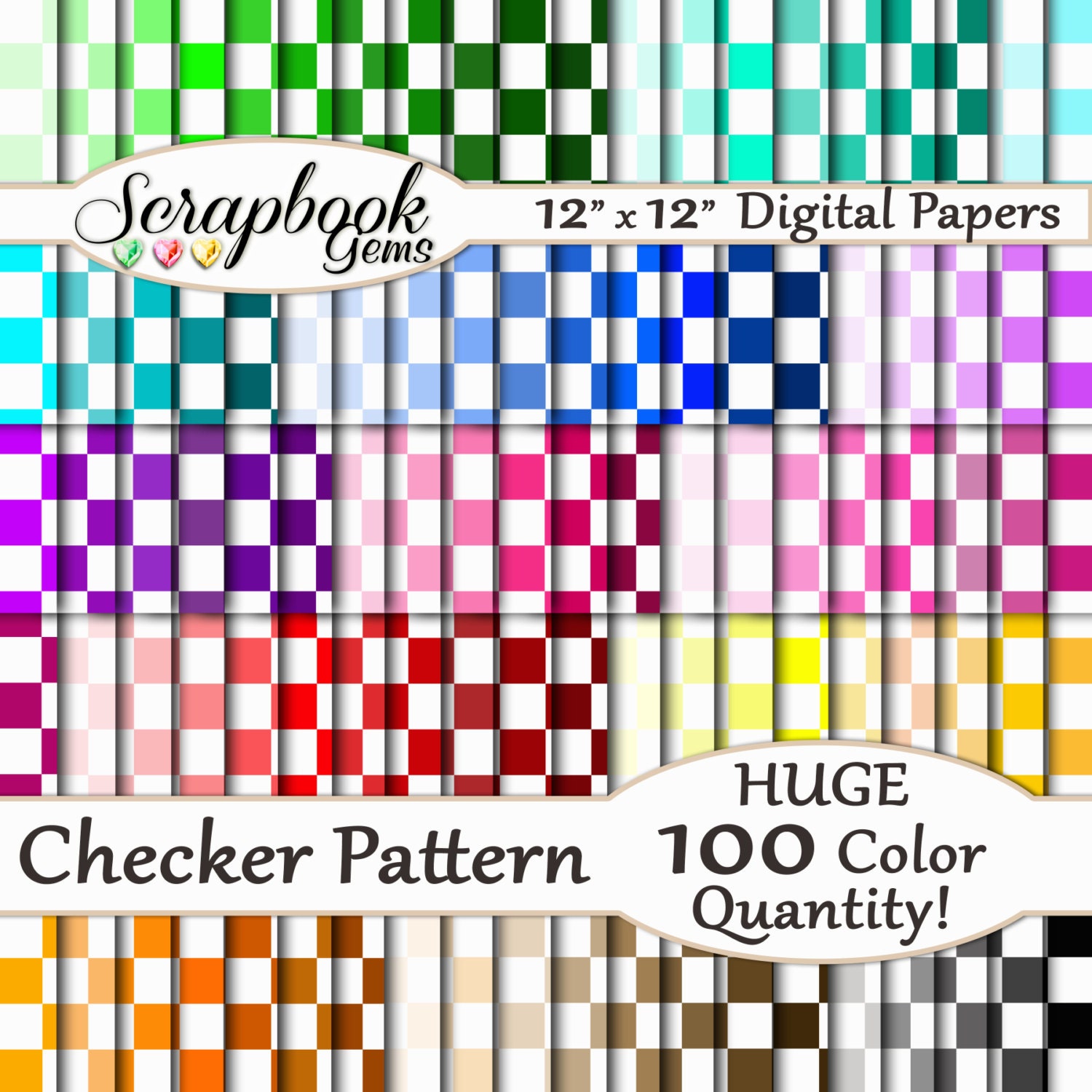 100 COLORS CHECKER Pattern Papers 100 Pieces 12 x